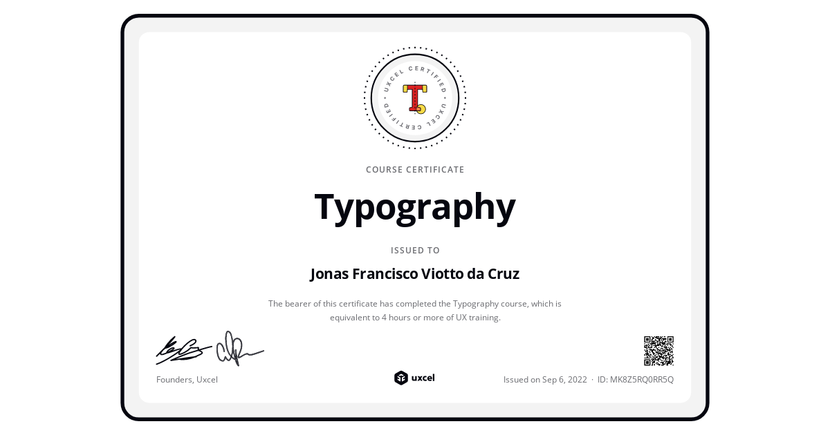 Certificate of completion for Typography | Uxcel